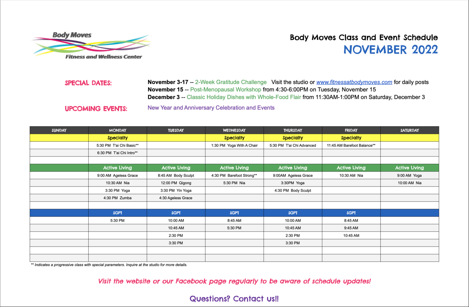 November Class and Workout Weekly Schedule at a Glance – Body Moves ...